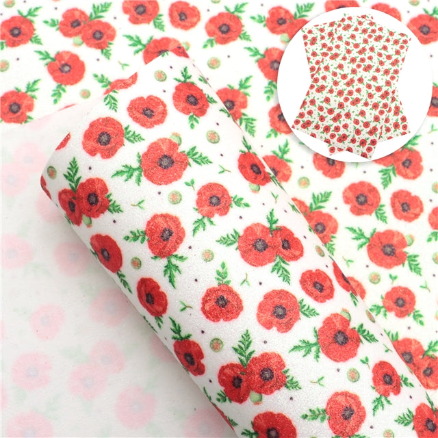 Floral Glitter Red Poppies Faux Leather Sheet | Dancing In Ribbon